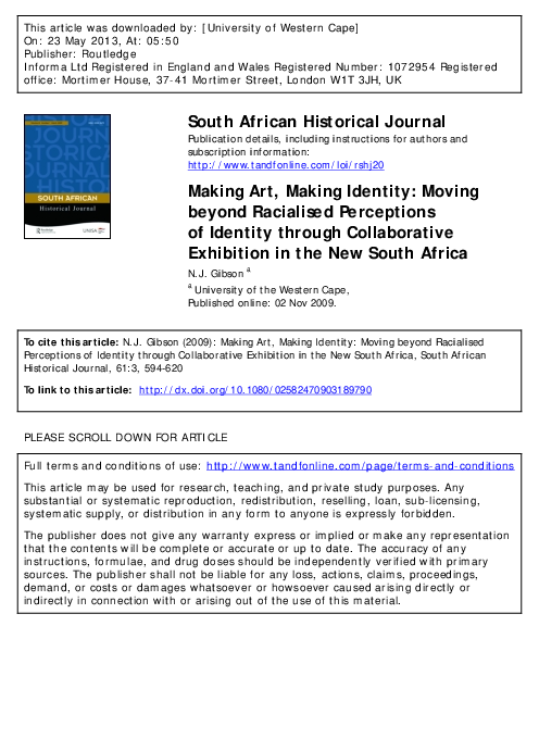 (PDF) South African Historical Journal Making Art, Making Identity ...