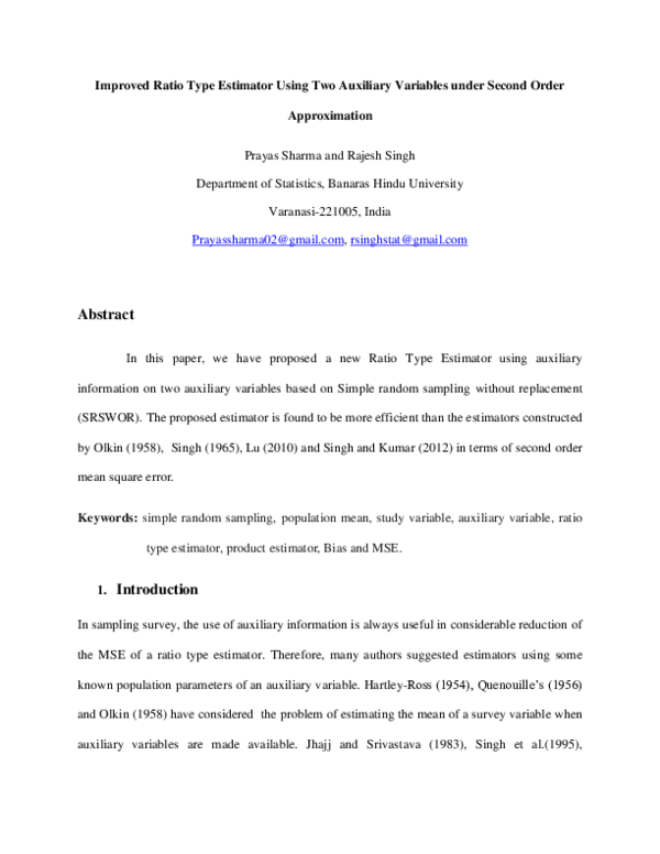 Pdf Improved Ratio Type Estimator Using Two Auxiliary Variables Under