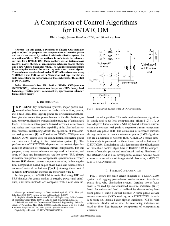 Pdf A Comparison Of Control Algorithms For Dstatcom