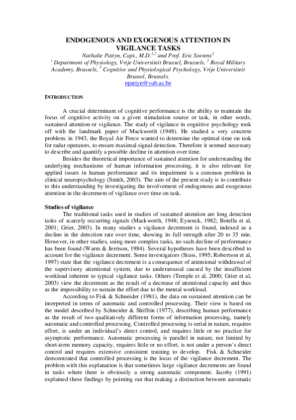 (PDF) ENDOGENOUS AND EXOGENOUS ATTENTION IN VIGILANCE TASKS