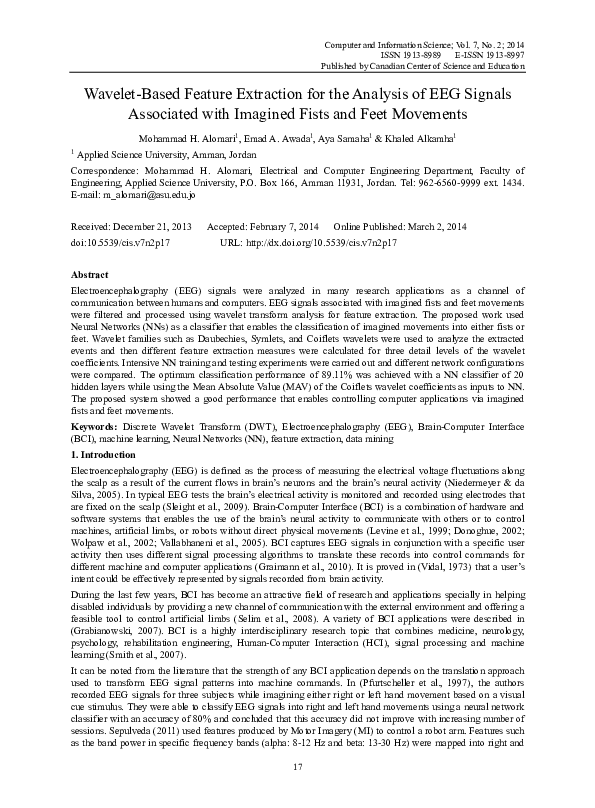 (PDF) Wavelet-Based Feature Extraction for the Analysis of EEG Signals Associated with Imagined ...