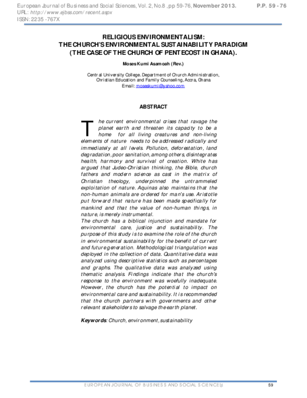 (PDF) RELIGIOUS ENVIRONMENTALISM: THE CHURCH'S ENVIRONMENTAL ...