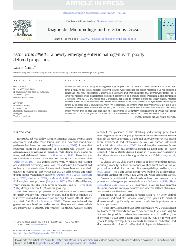 (PDF) Escherichia albertii, a newly emerging enteric pathogen with ...