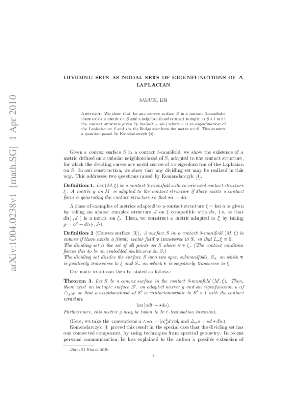 (PDF) Dividing sets as nodal sets of an eigenfunction of the Laplacian