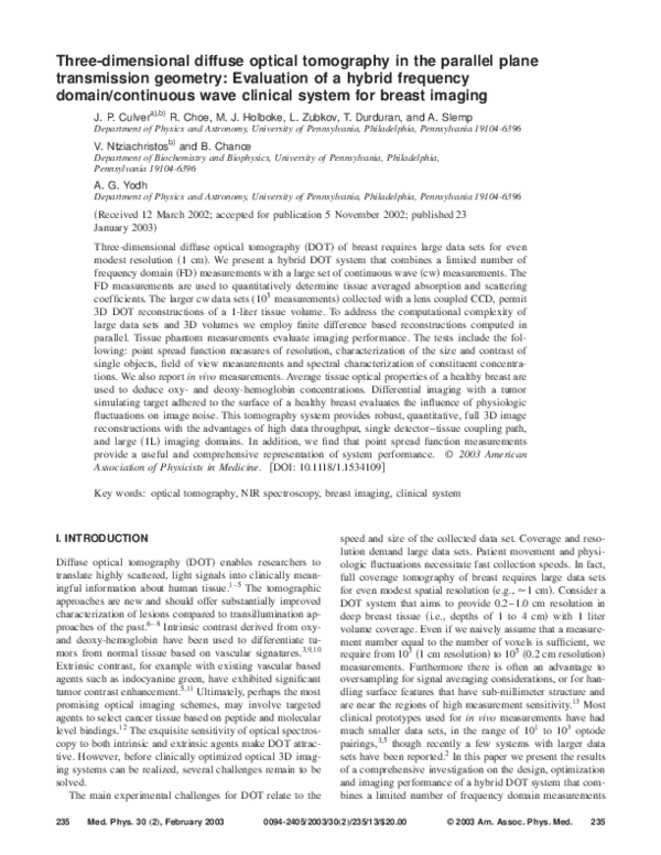 Pdf Three Dimensional Diffuse Optical Tomography In The Parallel Plane Transmission Geometry