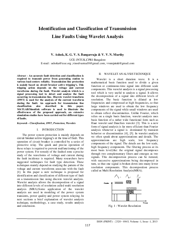 Pdf Identification And Classification Of Transmission Line Faults Using Wavelet Analysis