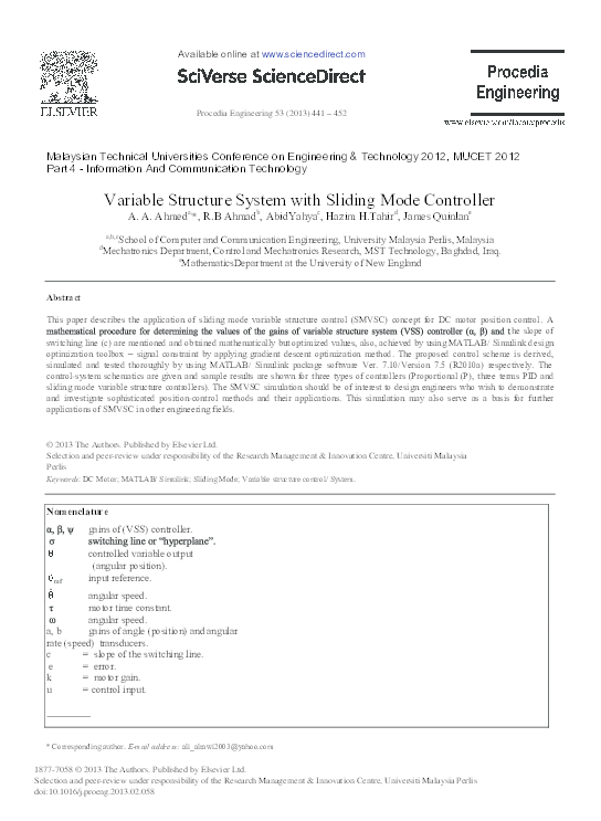 Pdf Variable Structure System With Sliding Mode Controller