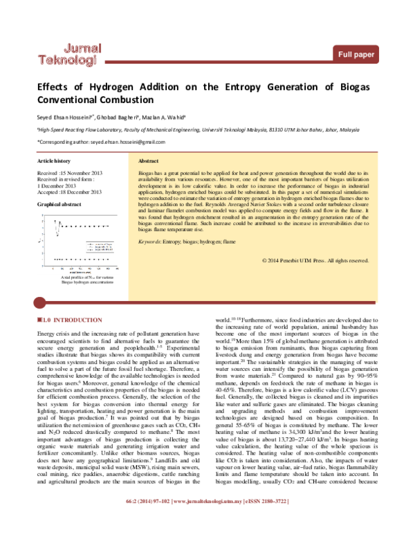 (PDF) Effects of Hydrogen Addition on the Entropy Generation of Biogas Conventional Combustion