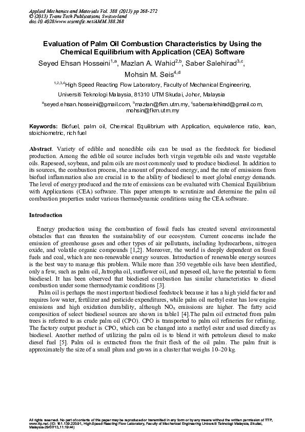 (PDF) Evaluation of Palm Oil Combustion Characteristics by Using the ...