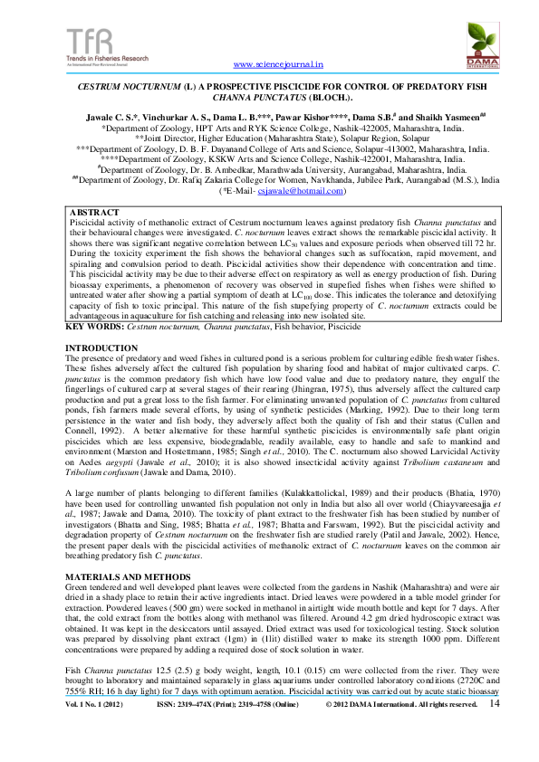 (PDF) CESTRUM NOCTURNUM (L) A PROSPECTIVE PISCICIDE FOR CONTROL OF ...
