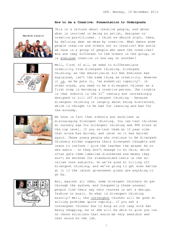 (PDF) How to be a Creative - lecture to UG artists and designers, 2012