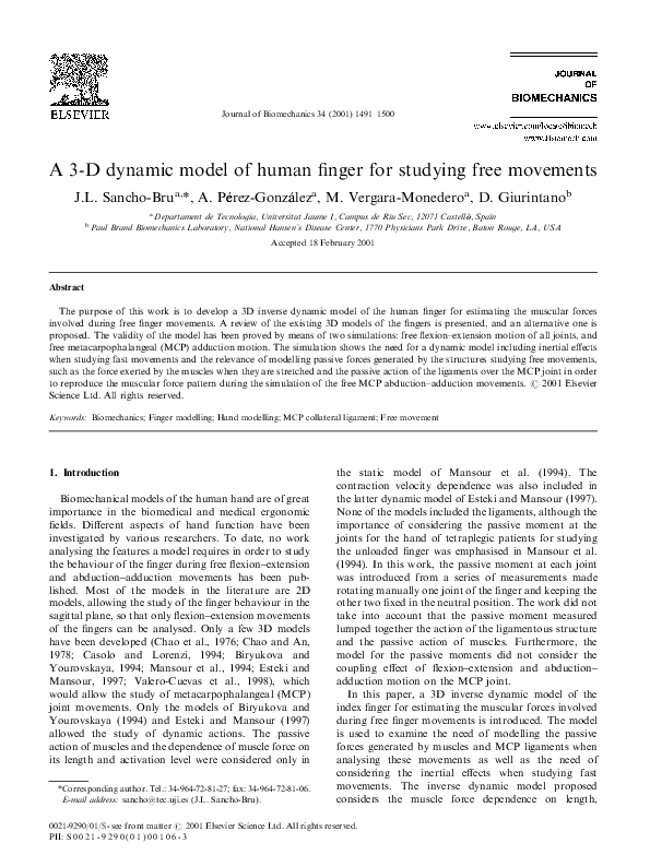 (PDF) A 3-D dynamic model of human finger for studying free movements