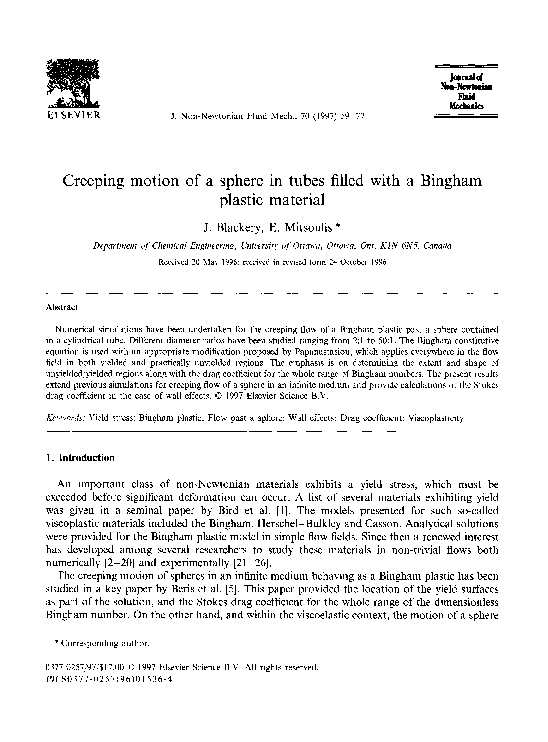 (PDF) Creeping motion of a sphere in tubes filled with a Bingham ...