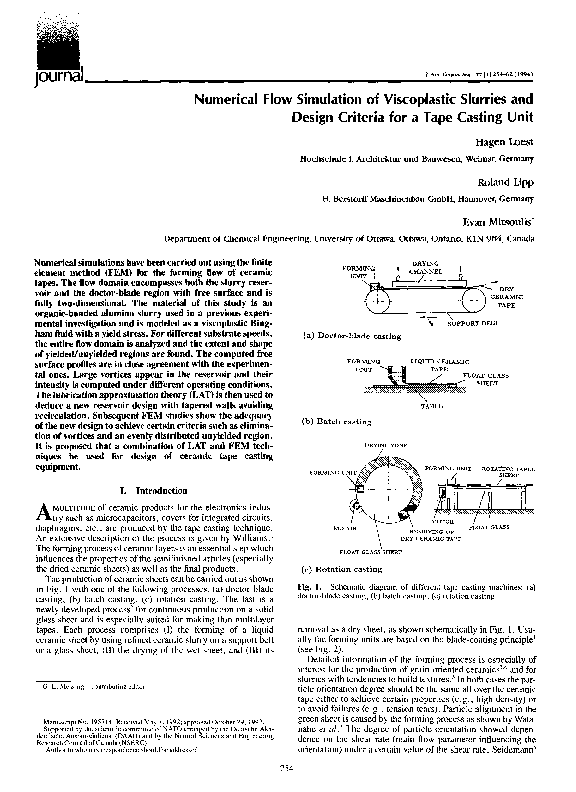 (PDF) Numerical Flow Simulation of Viscoplastic Slurries and Design Criteria for a Tape Casting Unit