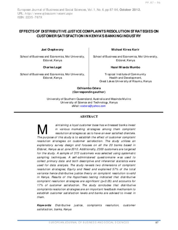 (PDF) EFFECTS OF DISTRIBUTIVE JUSTICE COMPLAINTS RESOLUTION STRATEGIES ...