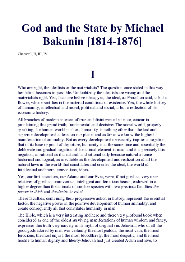 (PDF) God and the State by Michael Bakunin [1814-1876