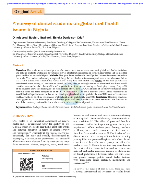 PDF A Survey Of Dental Students On Global Oral Health Issues In Nigeria Original Article pdf-a-survey-of-dental-students-on-global-oral-health-issues-in-nigeria-original-article