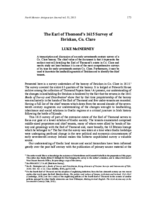 (PDF) The Earl of Thomond's 1615 Survey of Ibrickan, Co Clare