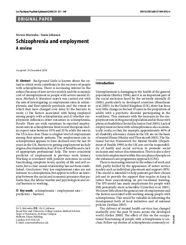 (DOC) Schizophrenia and Employment: a review | Steven Marwaha ...