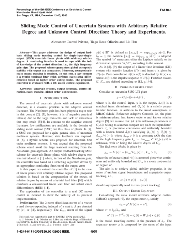 (PDF) Sliding Mode Control of Uncertain Systems with Arbitrary Relative Degree and Unknown ...