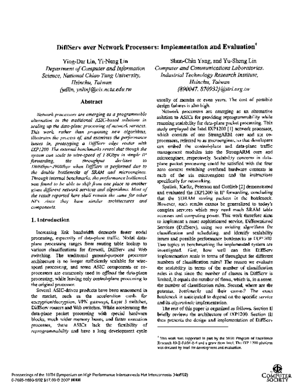 Pdf Diffserv Over Network Processors Implementation And Evaluation
