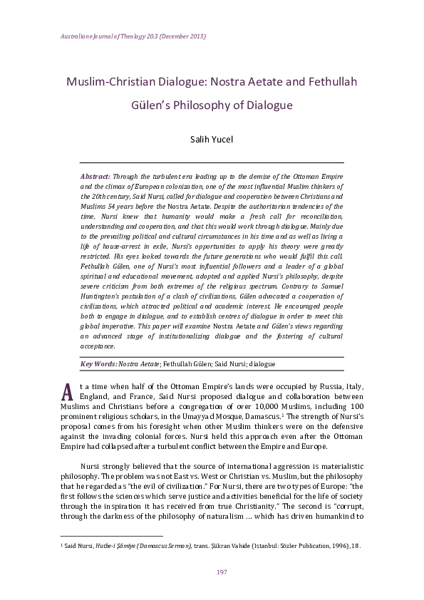 (PDF) Muslim-Christian Dialogue: Nostra Aetate and Fethullah Gulen's ...