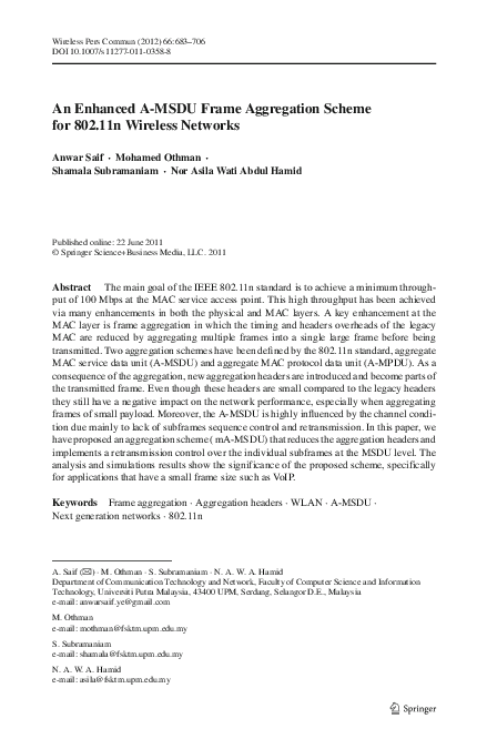 (PDF) An Enhanced A-MSDU Frame Aggregation Scheme for 802.11n Wireless ...