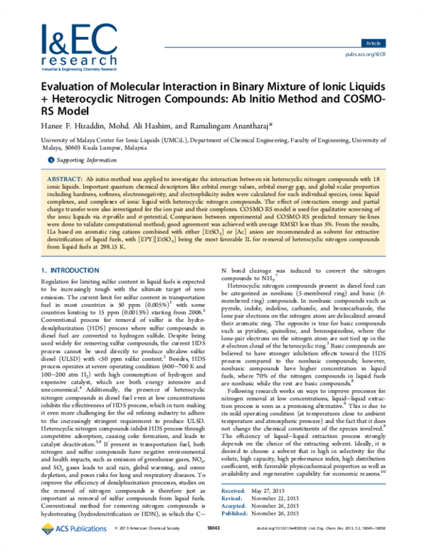 (PDF) Evaluation of Molecular Interaction in Binary Mixture of Ionic Liquids + Heterocyclic ...