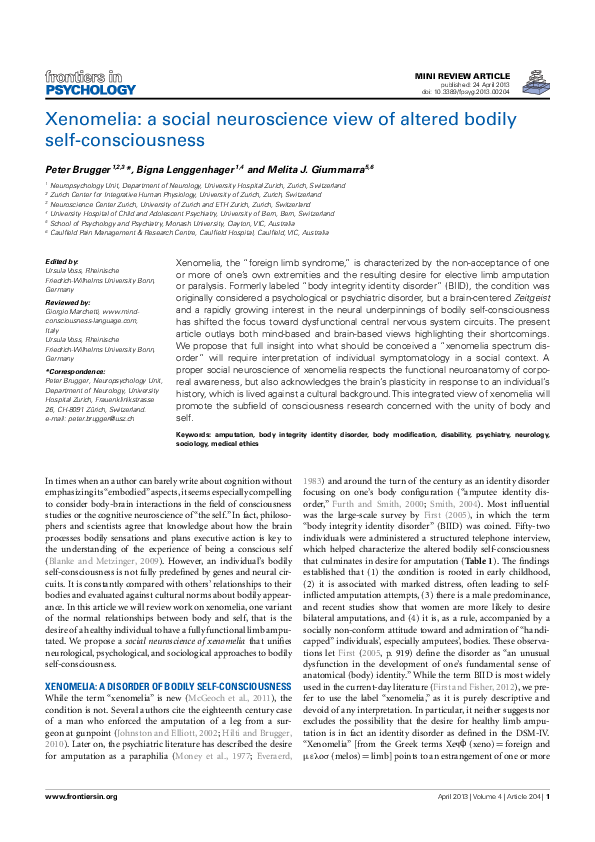 (PDF) Xenomelia: a social neuroscience view of altered bodily self ...