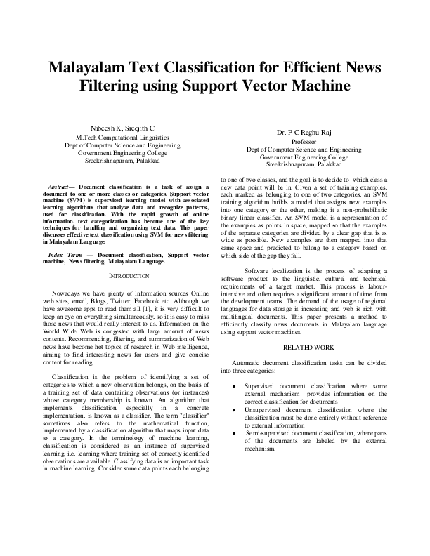 (PDF) Malayalam Text Classification for Efficient News Filtering using Support Vector Machine