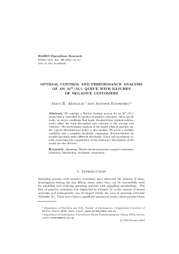 Pdf Optimal Control And Performance Analysis Of An M X M1 Queue With Batches Of Negative