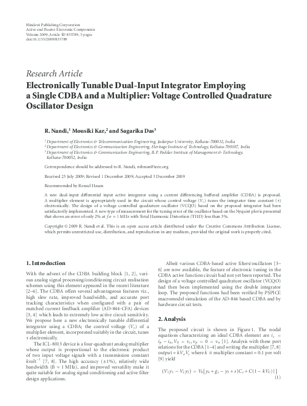 Pdf Electronically Tunable Dual Input Integrator Employing A Single Cdba And A Multiplier