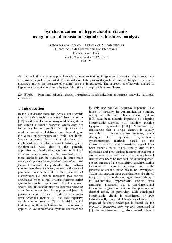 (PDF) Synchronization of hyperchaotic circuits using a one-dimensional signal: robustness analysis