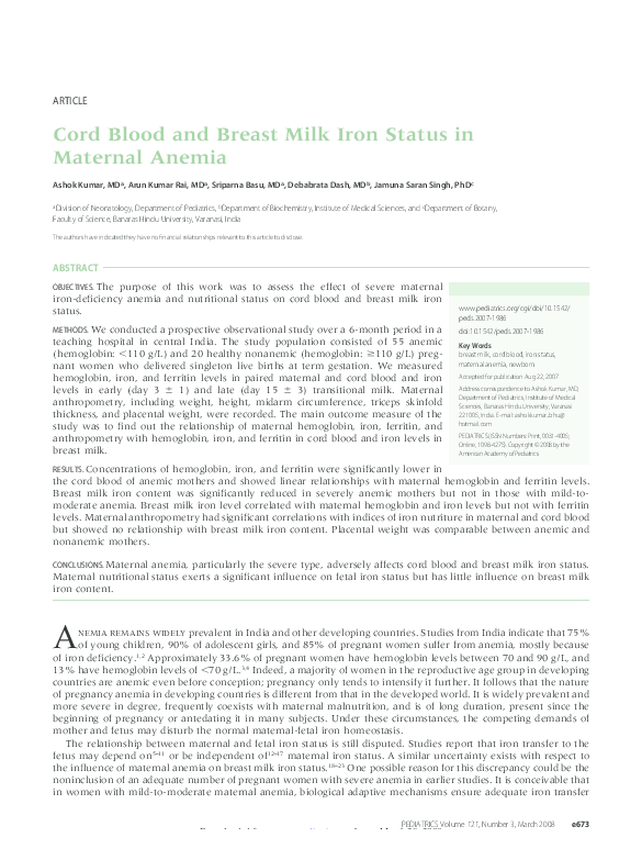 (PDF) Cord Blood and Breast Milk Iron Status in Maternal Anemia