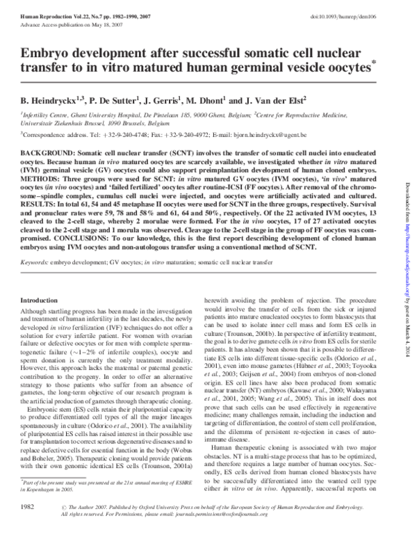 (PDF) Embryo development after successful somatic cell nuclear transfer ...