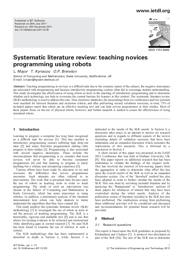 (PDF) Systematic Literature Review: Teaching Novices Programming Using Robots (Extended Journal ...