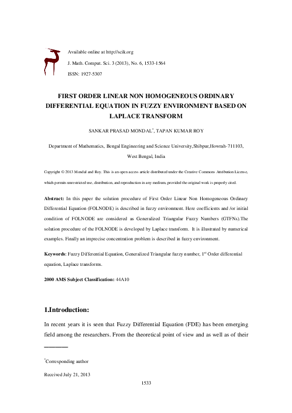 First Order Linear Non Homogeneous Ordinary Differential Equation In Fuzzy Environment Based On