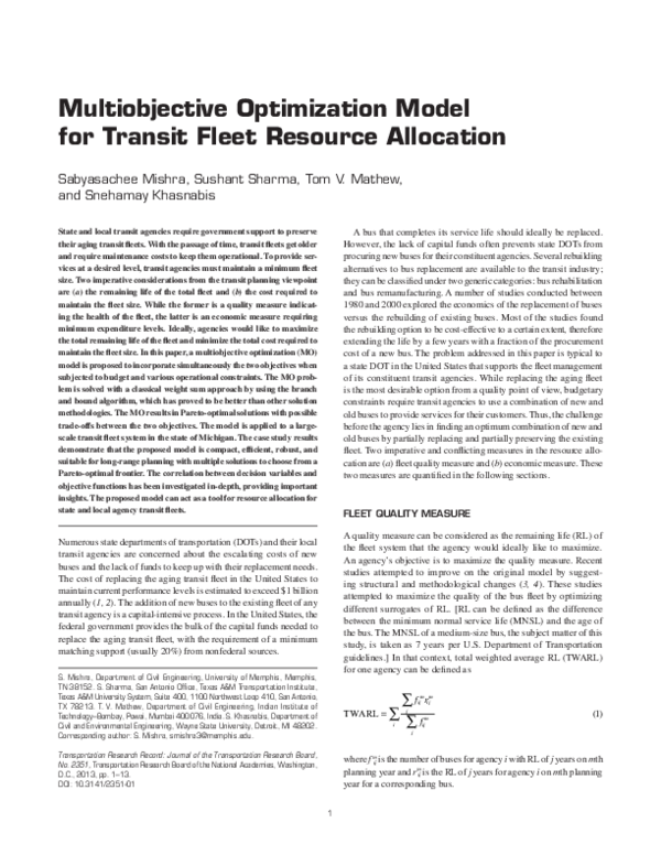 Pdf Multiobjective Optimization Model For Transit Fleet Resource Allocation