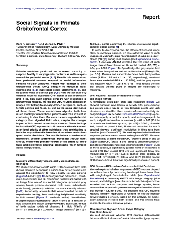 Pdf Social Signals In Primate Orbitofrontal Cortex