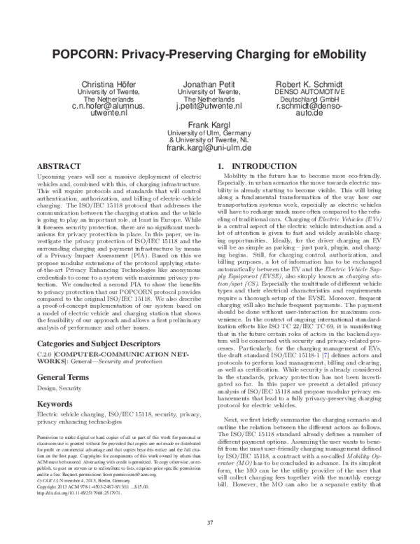 (PDF) POPCORN: Privacy-preserving Charging for Emobility