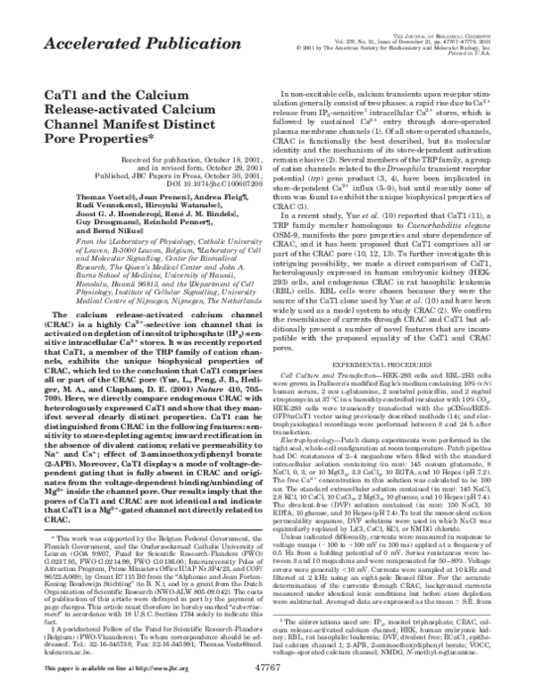 (PDF) Distinct Pore Properties of CaT1 and CRAC Channels
