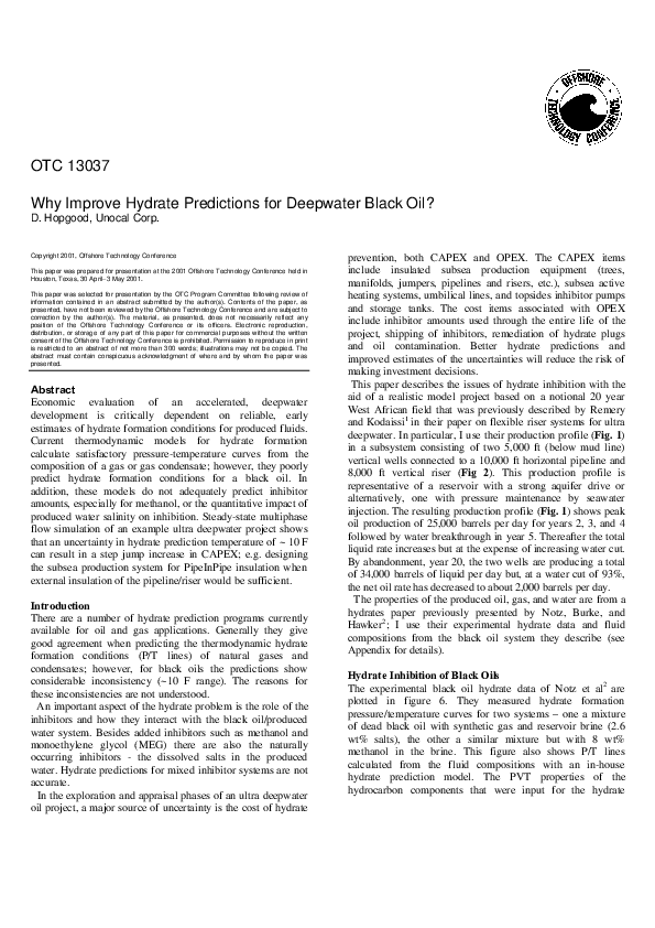 (PDF) Why Improve Hydrate Predictions for Deepwater Black Oil