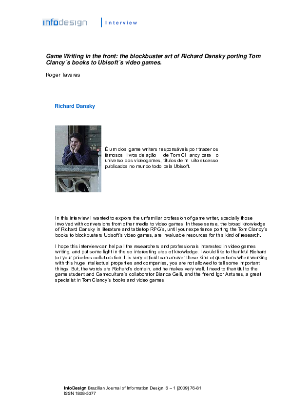 (PDF) Game Writing in the front: the blockbuster art of Richard Dansky ...