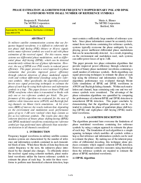 Pdf Phase Estimation Algorithm For Frequency Hopped Binary Psk And Dpsk Waveforms With Small