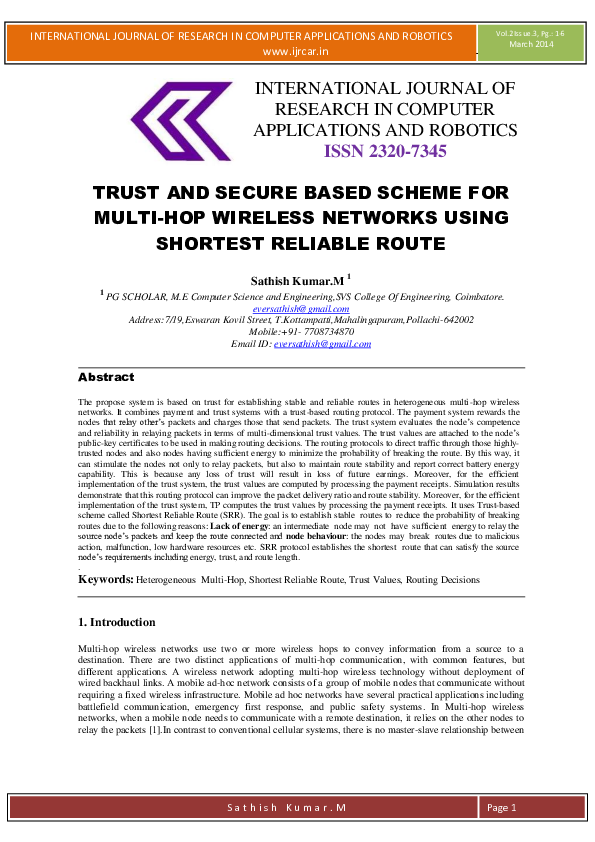 Trust And Secure Based Scheme For Multi Hop Wireless Networks Using