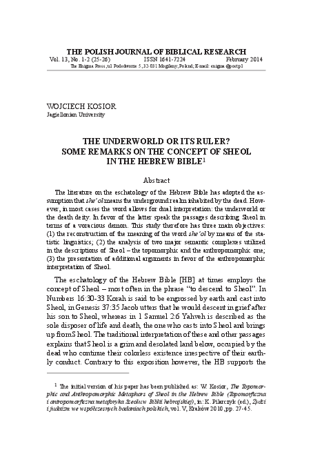 (PDF) The Underworld or its Ruler? Some Remarks on the Concept of Sheol ...