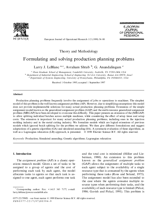 (PDF) Theory and Methodology Formulating and solving production planning problems