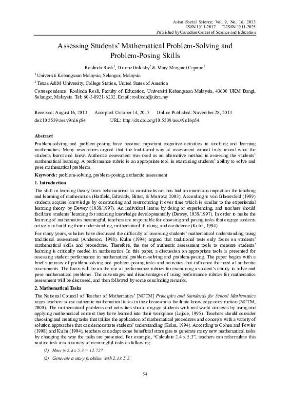 (PDF) Assesing students' mathematical problem solving and problem posing