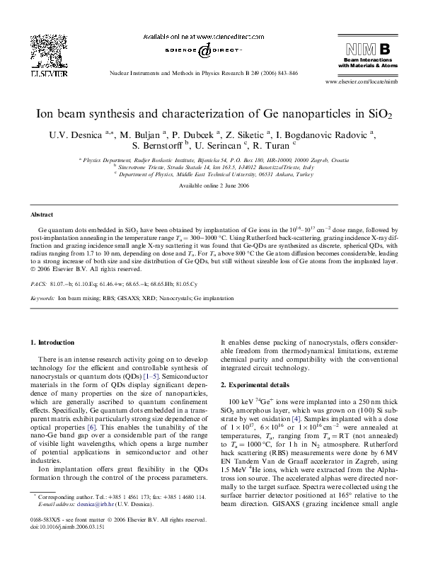 Pdf Ion Beam Synthesis And Characterization Of Ge Nanoparticles In Sio 2