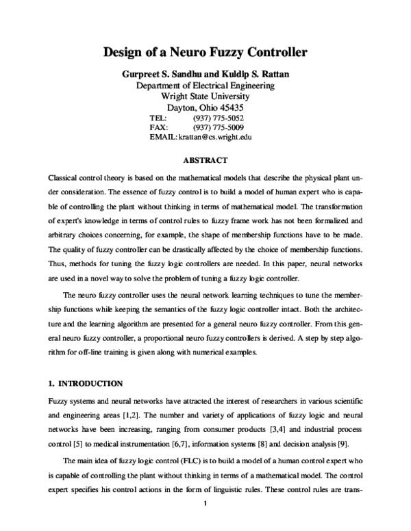 (PDF) Design of a Neuro Fuzzy Controller